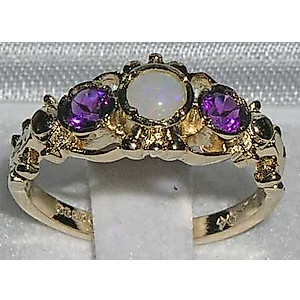 LetsBuyGold 14k Yellow Gold Real Genuine Opal & Amethyst Womens Band Ring - Size 10