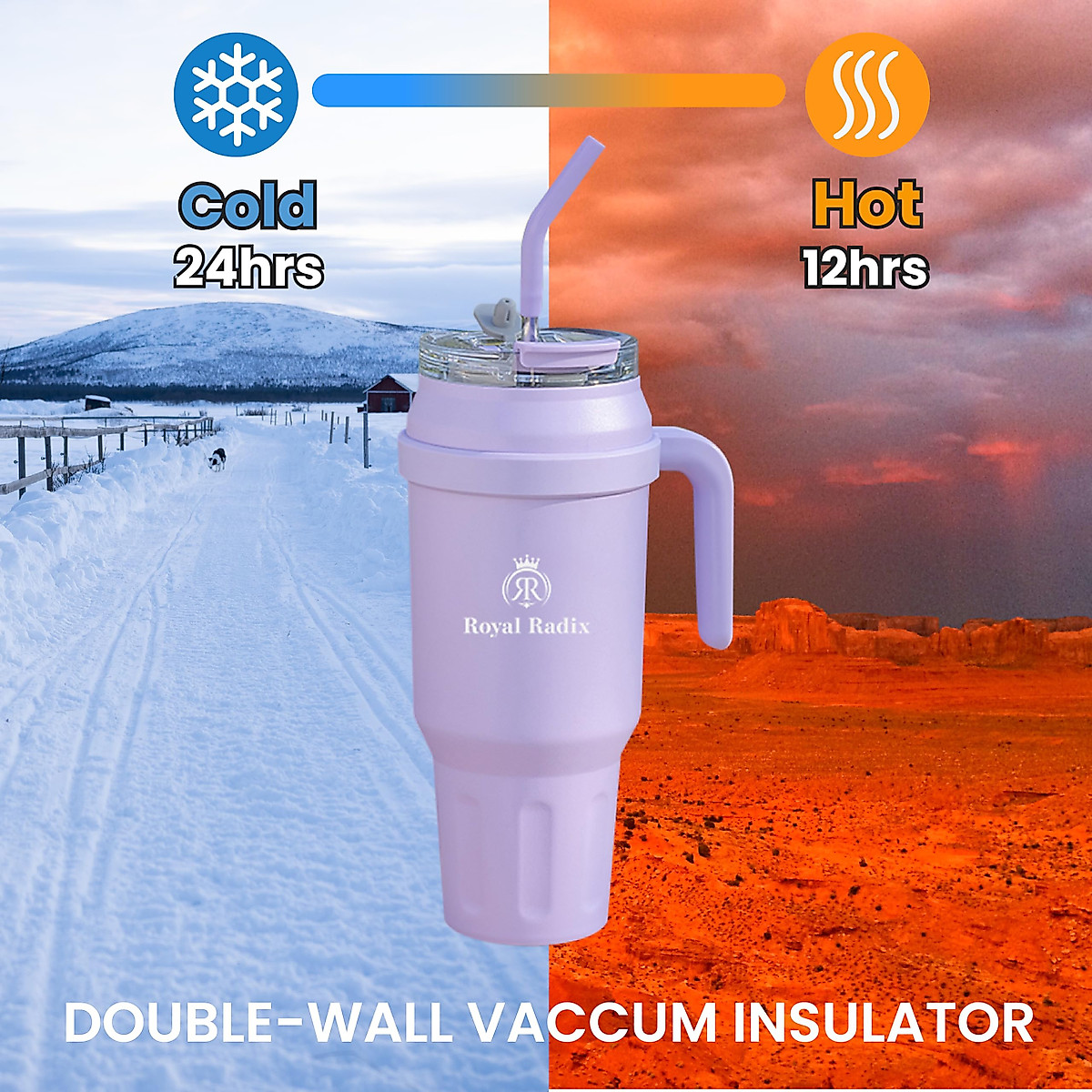 Royal Radix 50 oz Tumbler with Handle, 2 in1 Straw and Lid, Stainless Steel,Traveling Mug, maintain Cold for 24 Hours Hot 12H, Leakproof and Dishwasher Safe