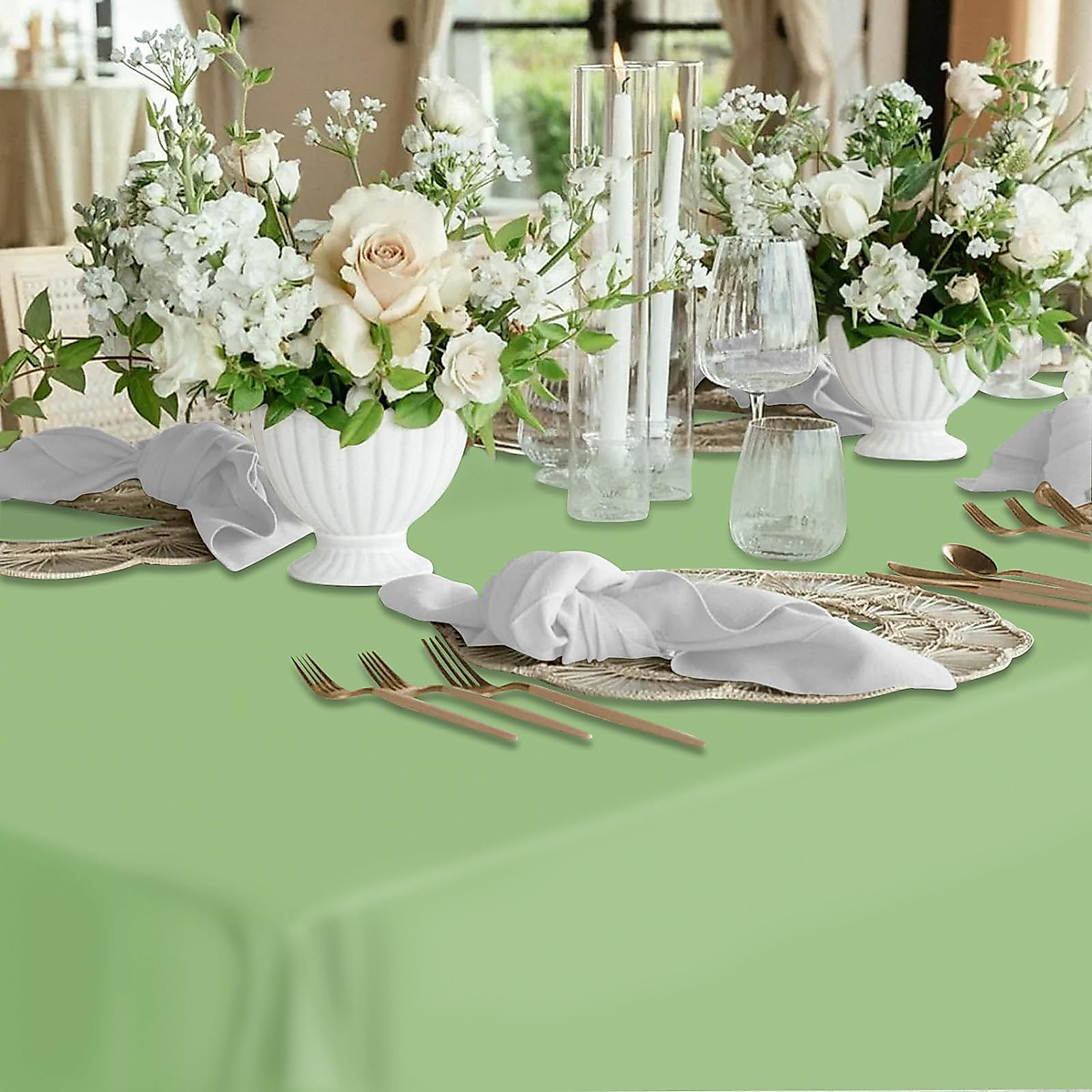 2 Pcs Sage Green Tablecloth Plastic 54 ×108 Inches Rectangle Sage Green Tablecloth Disposable Plastic Waterproof Table Cover for Outdoor Picnic, Kitchen, Holiday Birthday Wedding Baby Shower Party