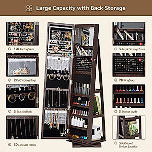 SERWALL 360 Rotating Jewelry Stand Organizer - Jewelry Armoire with Full-Length Mirror- Freestanding Dressing Mirror Jewelry Cabinet Storage - Brown