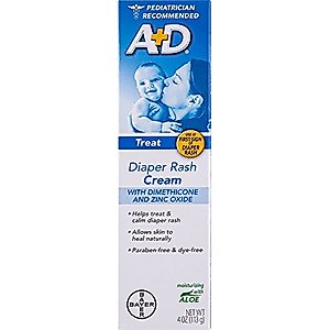 A+D Zinc Oxide Diaper Rash Treatment Cream, Dimenthicone 1%, Zinc Oxide 10%, Easy Spreading Baby Skin Care, 4 Ounce Tube (Packaging May Vary)