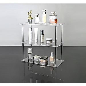 Jusalpha Rectangular 3 Tier Clear Acrylic with Metal Tabletop Display Stand for Desktop Shelf, Bathroom Vanity Cosmetic Makeup Organization Shelves, Home Decor Display Stand (Large 3 Tier)