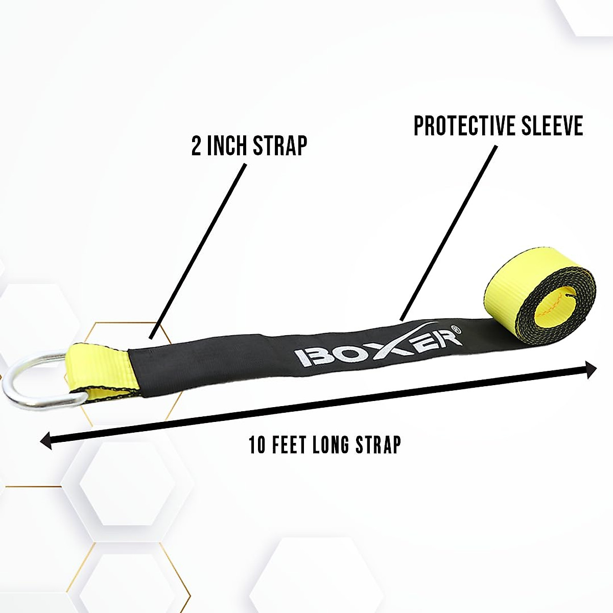 Boxer 2" x 10ft Pro Lasso Tow Strap with D Ring & Protective Sleeve – Car Tie Down, Auto Hauler, Auto Transport – 10,000lbs - 4 Pack