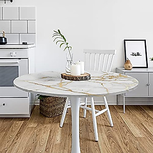 Round Tablecloth with Elastic Edge, White Gold Marble Fitted Tablecloth Waterproof Wipeable Round Table Cover for Indoor Outdoor Patio Dining Kitchen Fit Table up to 45"-56" Diameter