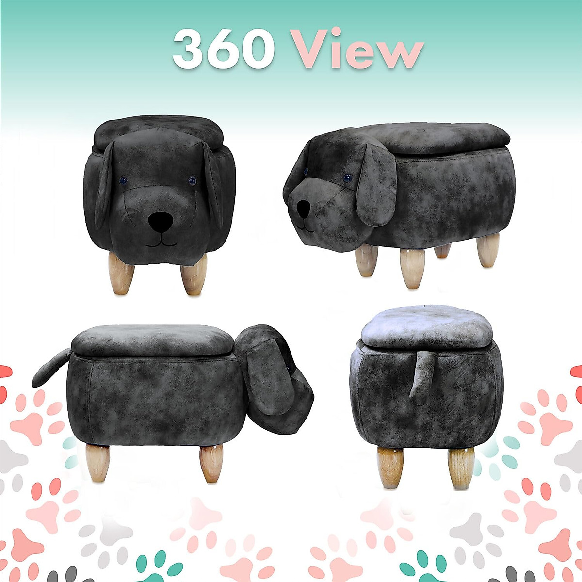 Critter Sitters 15-Inch Seat Height Dark Gray Dog Storage Ottoman, Faux-Suede Kids Ottoman for Nursery, Bedroom, Playroom, and Living Room Decor, Multifunctional Cushioned Animal Foostool for Toddlers