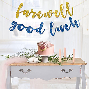 RoadSea Farewell Good Luck Banner - Graduation Theme - Retirement Party Supplies - Going Away - Job Change Party Decorations - Gold Blue Glitter
