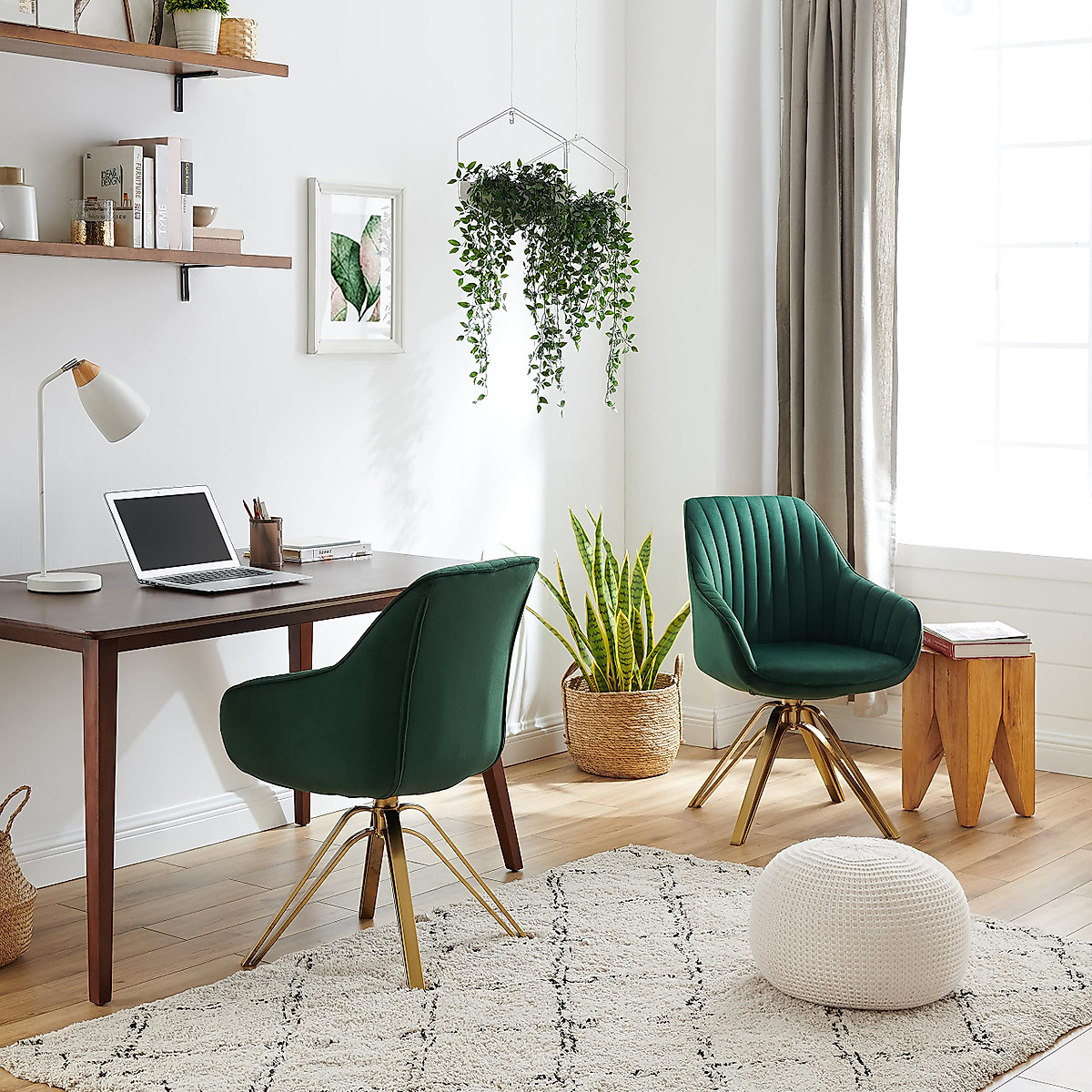 Volans Swivel Accent Chair, Mid Century Modern Desk Chair No Wheels, Upholstered Swivel Office Chair with Hollow Brushed Gold Plated Legs Office Chair for Living Room, Dining Room, Green Black