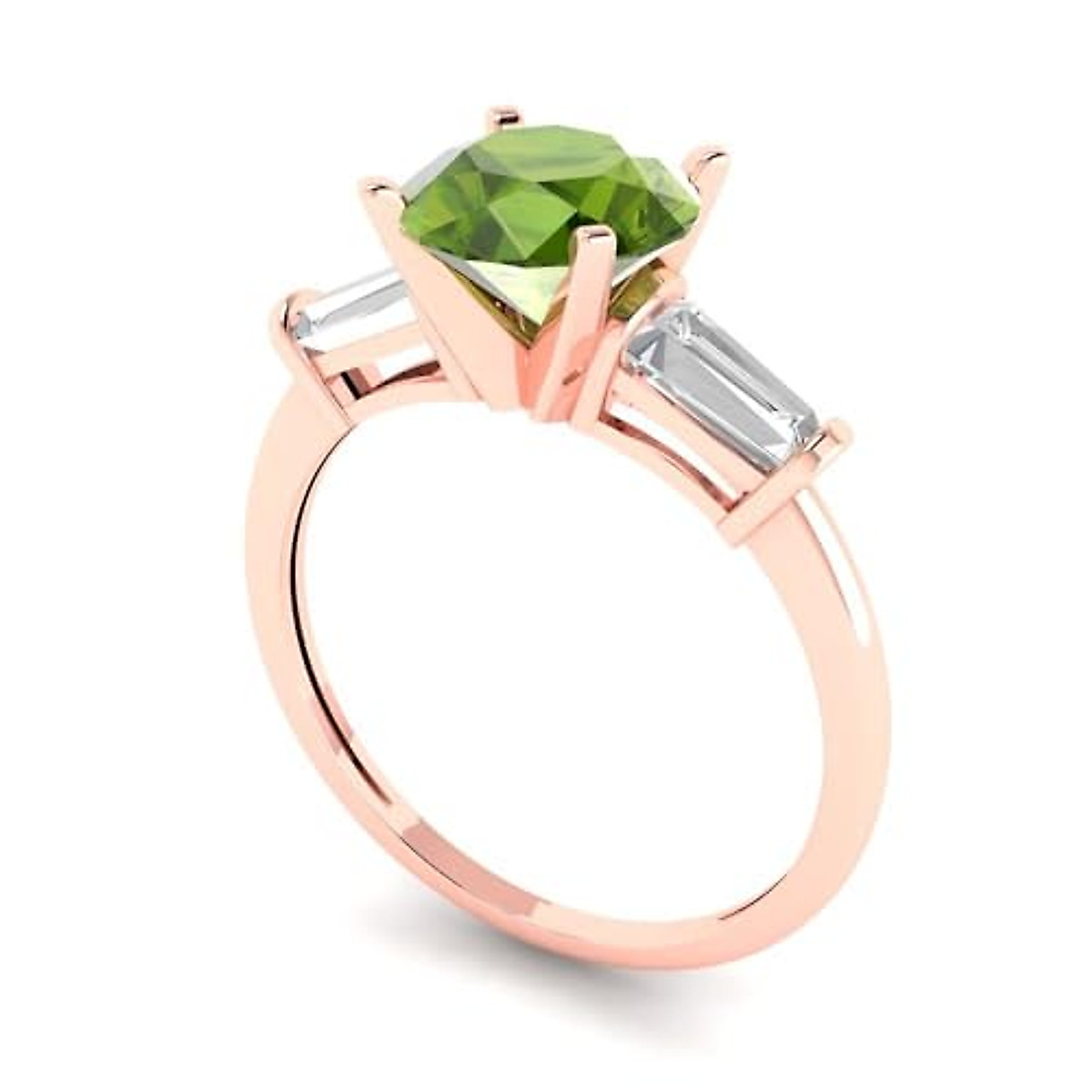 Clara Pucci 2.0 ct Round Baguette Cut 3 stone Solitaire Natural Peridot Engagement Promise Anniversary Bridal Ring 18K Rose Gold 4.75