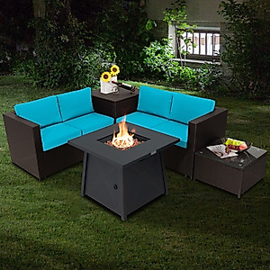 Tangkula 5 Piece Patio Furniture Set with 50,000 BTU Propane Fire Pit Table, Outdoor Wicker Conversation Set w/Cushions, Storage Box and Tempered Glass Coffee Table, 30” Gas Fire Pit Table (Turquoise)