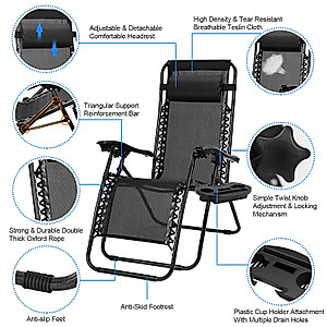 iMounTEK Set of 2 Adjustable Zero-Gravity Reclining Outdoor Lounge Chairs w/Pillows & Cup Holder Side Tray, Supports 330lbs, for Patio, Porch, Deck, Poolside, Beach, Lawn, Yard - Black/Blue/Brown/Tan
