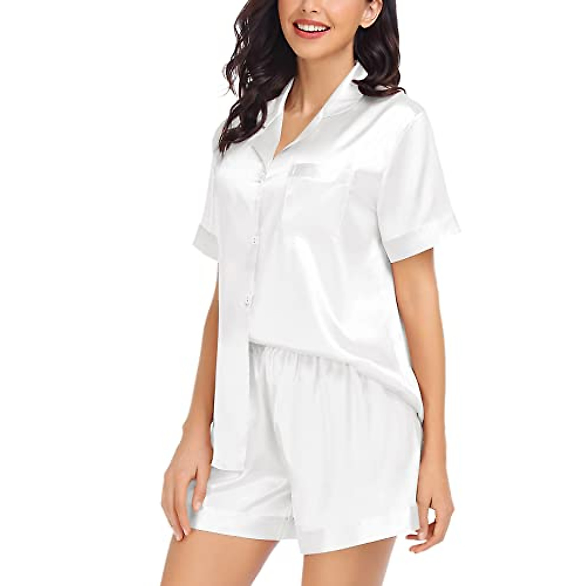 SWOMOG Couple Matching Pajamas Set Satin Short Sleeve Sleepwear Silky Pj Set for Women Button-Down Two-Pieces Nightwear