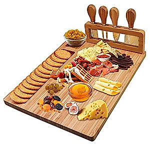 Bamboo Cheese Board Set, Cheese Tray, Charcuterie Board and Serving Meat Platter with 4 Stainless Steel Cheese Knives, Ideal for Wedding Gifts Christmas Birthday Party (14''x11'')