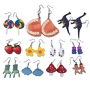 11 Pairs Funny Gummy Bear Mushroom Strawberry Dangle Earrings Set Dainty Cloud Dinosaur Flower Fruit Duck Ice Cream Earrings for Women Jewelry(A)