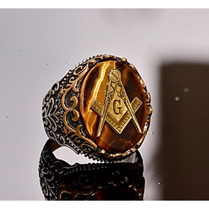 Men's Natural Tiger Eye Masonic Ring, 925 Sterling Silver, Handcrafted with Ornate Design