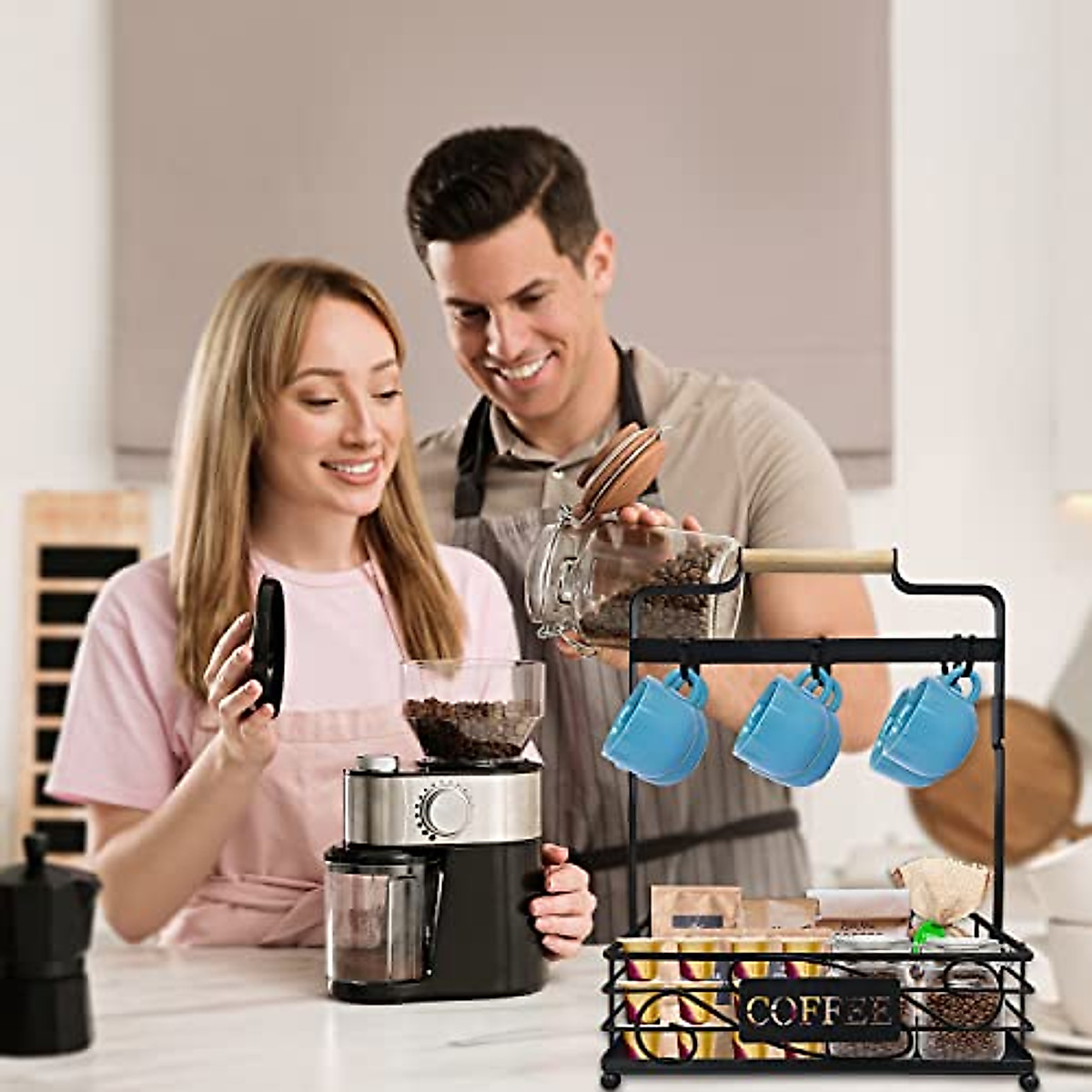 TreeLen Coffee Mug Holder with Removable Hooks, 6 Capacity Coffee Cup Holder for Countertop, Metal Coffee Mug Rack for Coffee Bar, Coffee Mug Tree for Large Mugs, Black