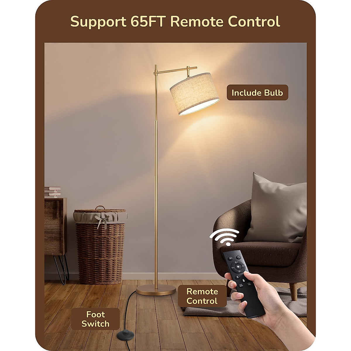 EDISHINE Dimmable Floor Lamp, Standing Lamp with Remote Control, E26 Socket, ACR Floor Lamp with Beige Shade for Bedroom, Living Room, Office, LED Bulb Included (Modern-Gold)