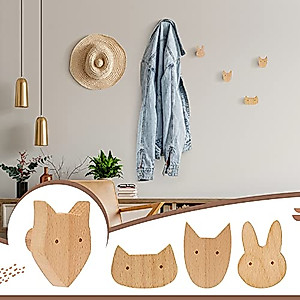 NUANNUAN 4 Pcs Cute Animal Hooks Wood Solid Wall Hanger, Creative Cat/Rabbit/Dog/Fox Shelf Reusable Cartoon Utility Hook for Kids Room Entryway Bedroom Key Coat Towels Hats Jackets Backpack Hanging