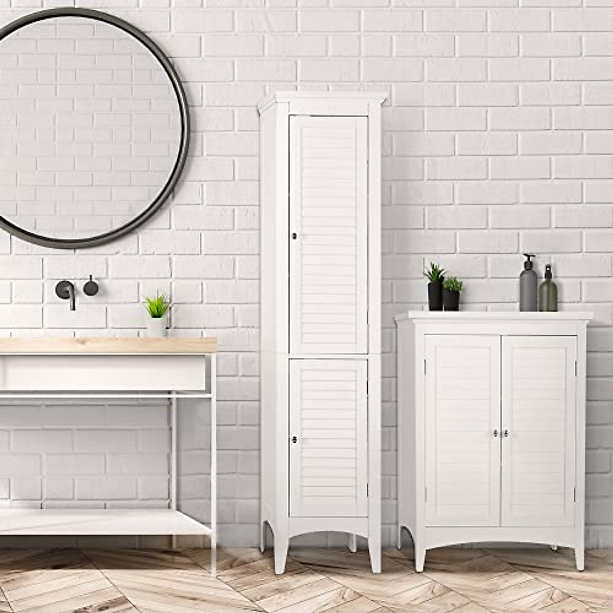 Elegant Home Fashions Glancy Linen Tower Freestanding Cabinet Tall Narrow Bathroom Kitchen Living Room Storage with 2 Shutter Doors 5 Tier Shelves, White, Standard