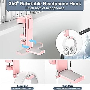 KDD Rotatable Headphone Hanger - 3 in 1 Under Desk Clamp Controller Stand Replaceable Cup Holder - Compatible with Universal Headset, Controller, Cup(Pink)