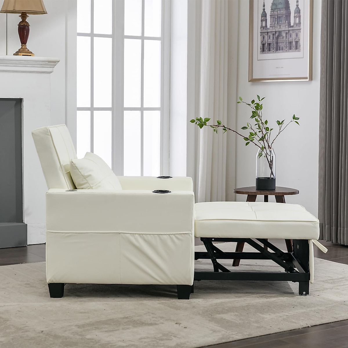 EXZLFA Futon Sofa Bed, 3-in-1 Convertible Sleeper Beds with USB Ports and Cup Holder,Adjustable Backrest Lounge Chair for Living Room，Bedroom,Guest Room (Leather - White)