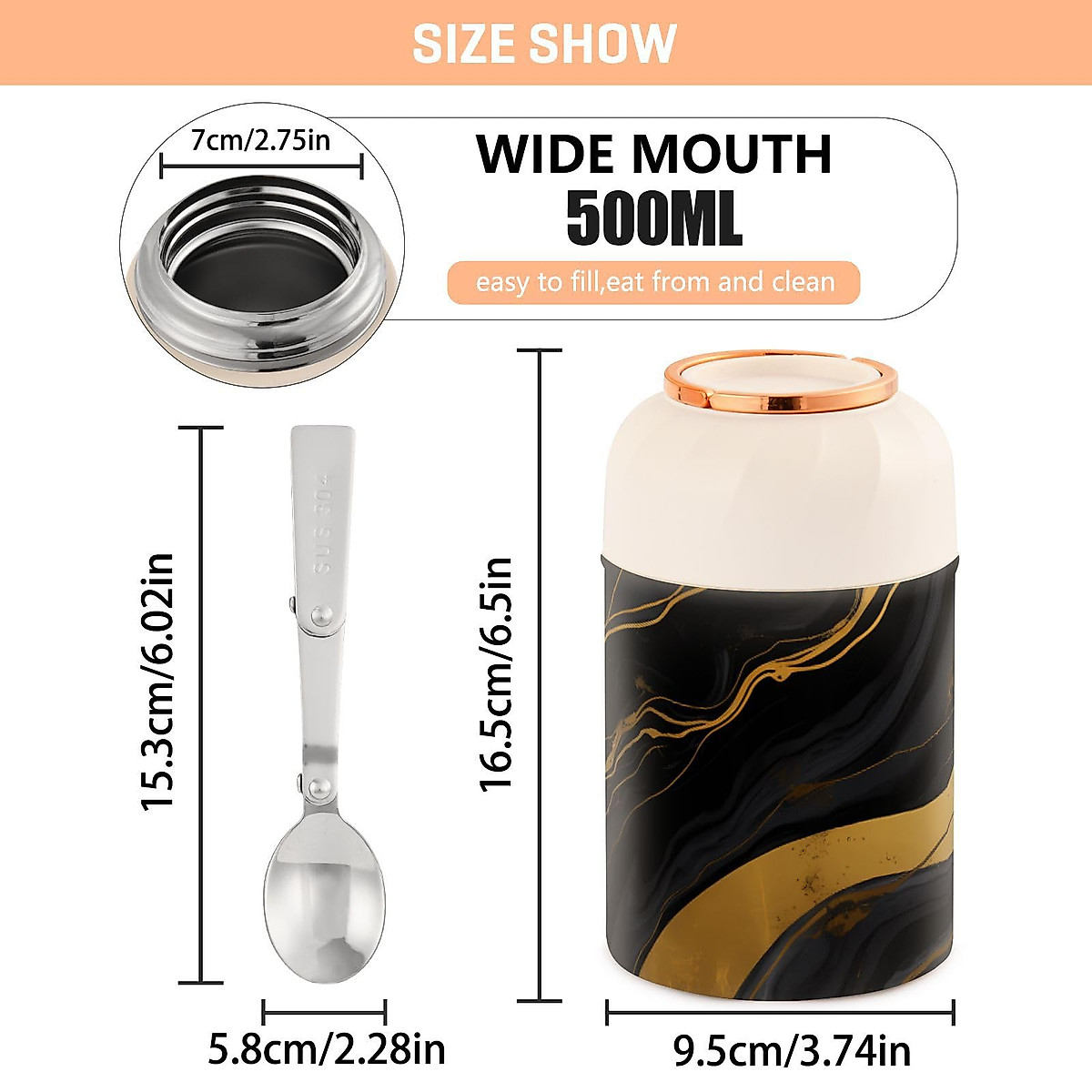 Marble Blue Black Gold Kids Womens Insulated Food Jar Container with Spoon 17oz/500ml Food Containers For Hot Stainless Steel Vacuum Leak Proof Food Containers for Keeps Food Hot