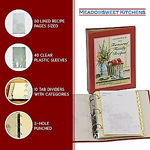 Meadowsweet Kitchens Treasured Family Journal Recipe Binder - Cookbook Organizer, Blank Notebook w/ 50 Lined Recipe Pages, 40 Clear Plastic Sleeves & 10 Dividers, 9 x 6 1/2 x 1 7/8 Inch, Red & Yellow
