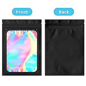 100 pack mylar bags holographic smell proof packaging bag for small bussiness resealable zipper sealable pouch bags sample, jewelry, lipgloss, food,soap,electronic supplies（3.5×4.7 inch,black）
