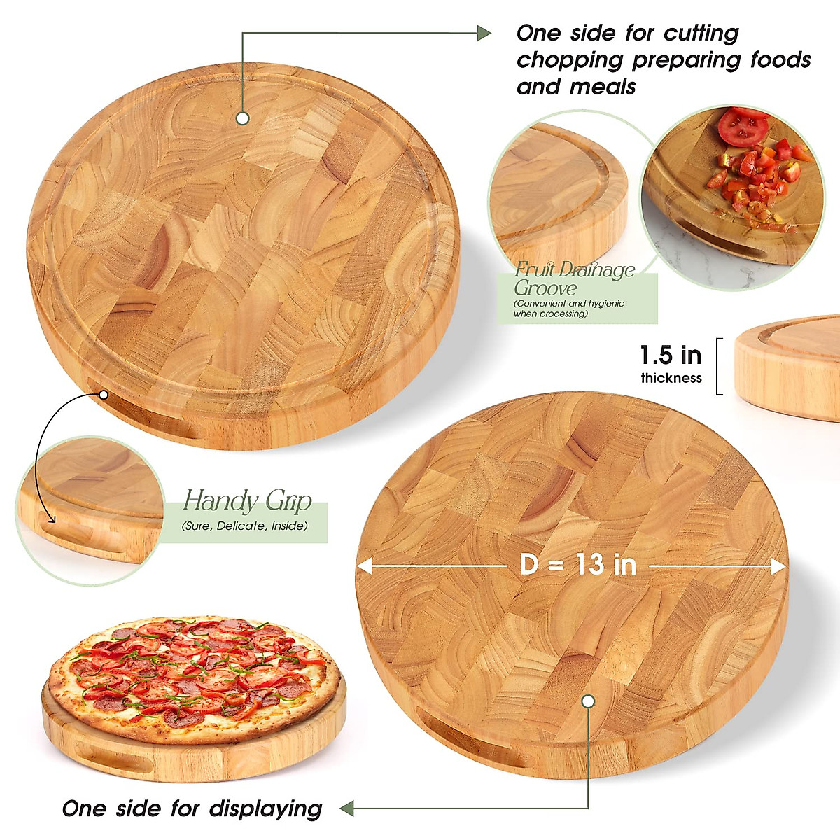 Wood Cutting Board (13in Round - 1.5in Thick) End Grain Cutting Board, Solid Wooden Butcher Block, Chopping Board For Kitchen with Juice Groove & Inner Handles One Size