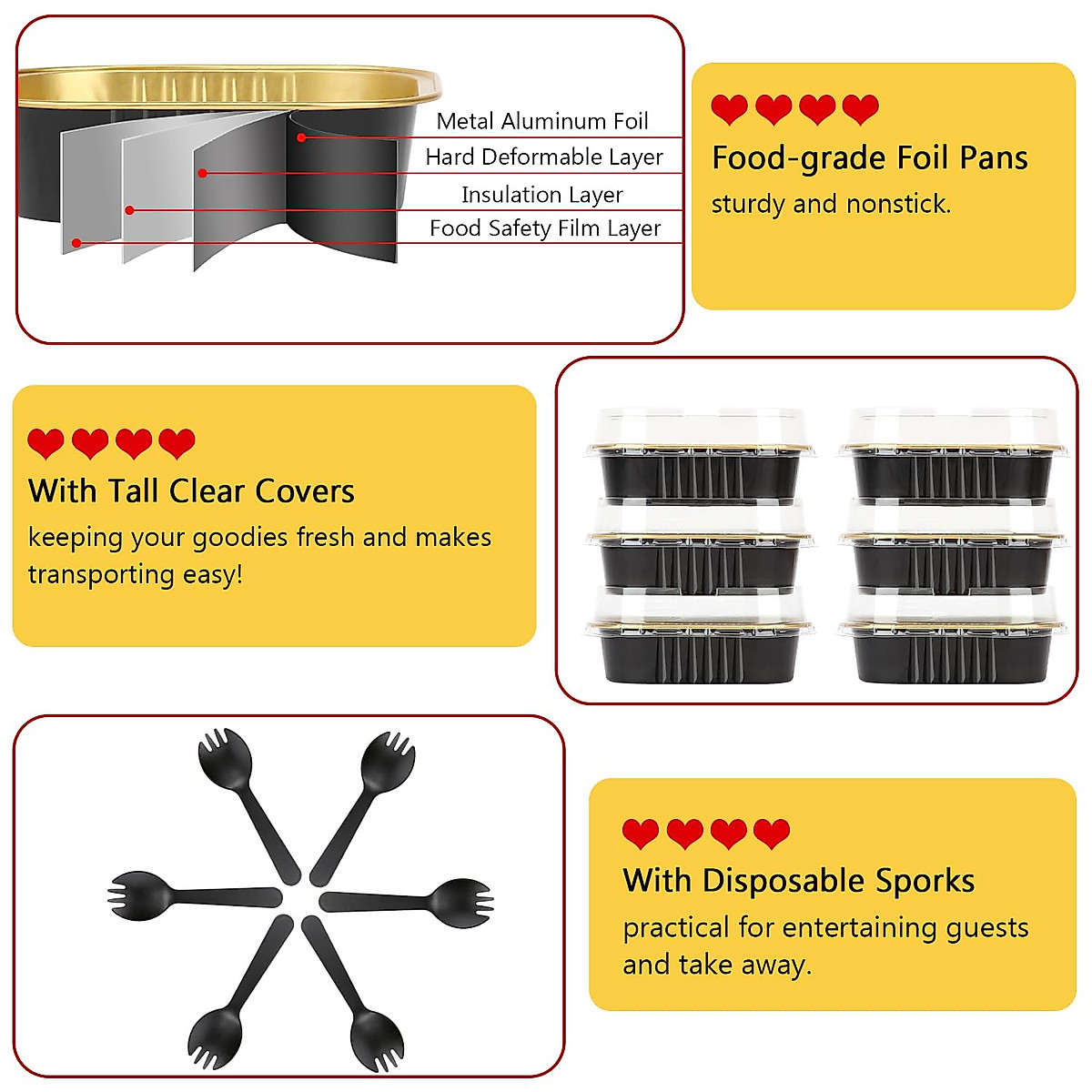 LNYZQUS 7.5oz Cupcake Mini Cake Pans With Lids 40 Pack, Aluminum Cupcake Liners Brownie Baking Pans,Square 4”x4” Disposable Ramekins Creme Brulee Cups,Jumbo Muffin Tin Holders-Black In Gold