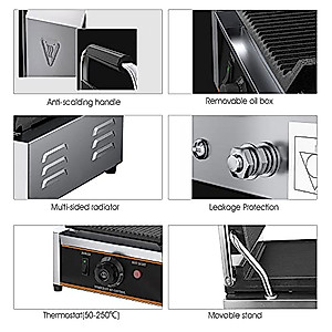 1800/2200W Commercial Panini Press Grill, 23x34/50x23cm Grill Cheese Sandwich Maker, Panini Sandwich Grill 50-300℃ Adjustment, CE/FCC (Single)