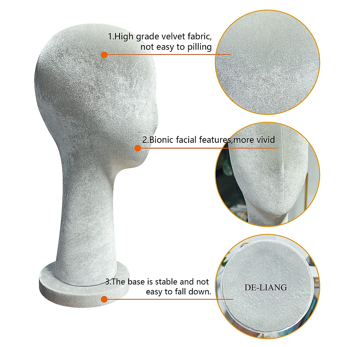 DE-LIANG Female Velvet Head Dress Form Mannequin Fully Pinnable Head for Hat Wig Jewelry Earring Scarves Display Clothing Fabric Head Model for Sale Silver Grey40cm
