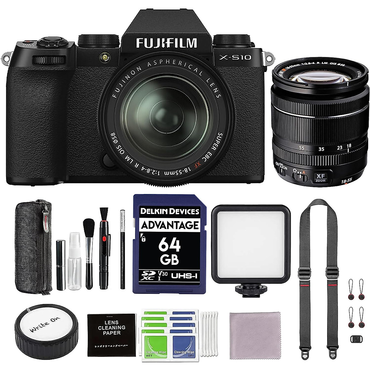 Fujifilm X-S10 Mirrorless Digital Camera with XF18-55mm Lens + 64GB SDXC Card + Peak Design Strap + LED Light + More | Fuji X-S10 with XF18-55mm Lens Kit