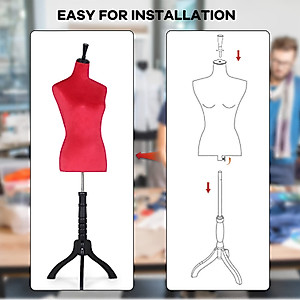 Mannequin Body Female Dress Form Mannequin Torso with Stand for Display 60"-67" Height Adjustable for Sewing Wooden Base, Fiberglass Body(Red)