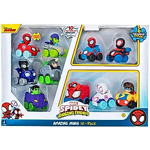 VORAGA Marvel's Spidey and his Amazing Friends SNF0046 10-Pack-2” Mini Vehicle Assortment Including, Ghost Spider, Miles, Hulk, and More-Toys Featuring Your Friendly Neighbourhood Spideys, Multi