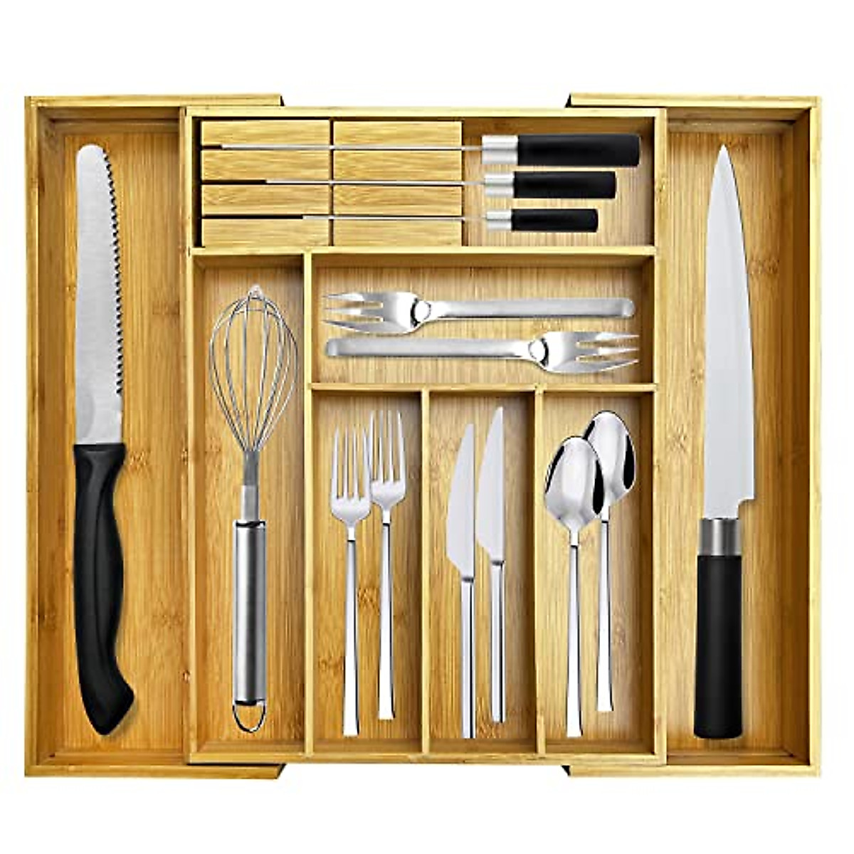 ZHOMA Bamboo Expandable Kitchen Drawer Organizer for Utensils Holder - Silverware Organizer/Utensil Holder and Cutlery Tray with Grooved Drawer Dividers - Natural