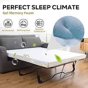 Tripie 4 Inch Gel Memory Foam Mattress Replacement for Sleeper Sofa and Couch Beds, Fiberglass-Free and Washable Cover, Non-Slip Base, Full Size (Sofa Not Included)