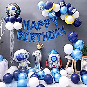 Blue Outer Space Balloon Garland Kit, Aerospace Theme Party Decorations With Rocket Astronaut Balloons and Metallic Silver and Metallic Blue Happy Birthday Decoration