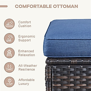 Bellefurn Patio Ottomans Set of 2 Outdoor Ottomans Wicker Foot Stools 2 Piece Footrest PE Rattan Ottomans with Thickened Cushions for Patio Garden Porch Balcony Poolside Deck, Brown|Blue