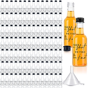 Bokon Mini Wedding Liquor Bottles Take a Shot We Tied The Knot Shot Glasses for Guests 1.7 Fl Oz/ 50 ml Plastic Reusable Empty Bottle with Cap Funnel Acrylic Shot Bottles for Bridal Party (100 Pcs)