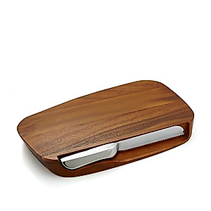 nambe Blend Bread Board with Knife | Made of Acacia Wood and Stainless Steel | Wooden Board with Serrated Knife for Cutting Fresh Bread | Designed by Neil Cohen