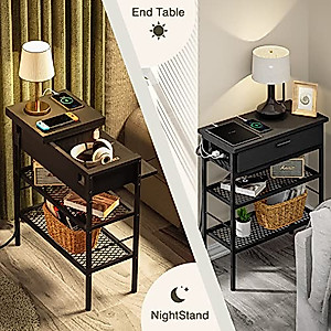 WASAGUN Narrow End Table with Charging Station, Black Nightstand with USB Ports and Outlets, Side Table Living Room Bedroom with Drawer, Skinny Bedside Table Storage Shelves for Small Spaces