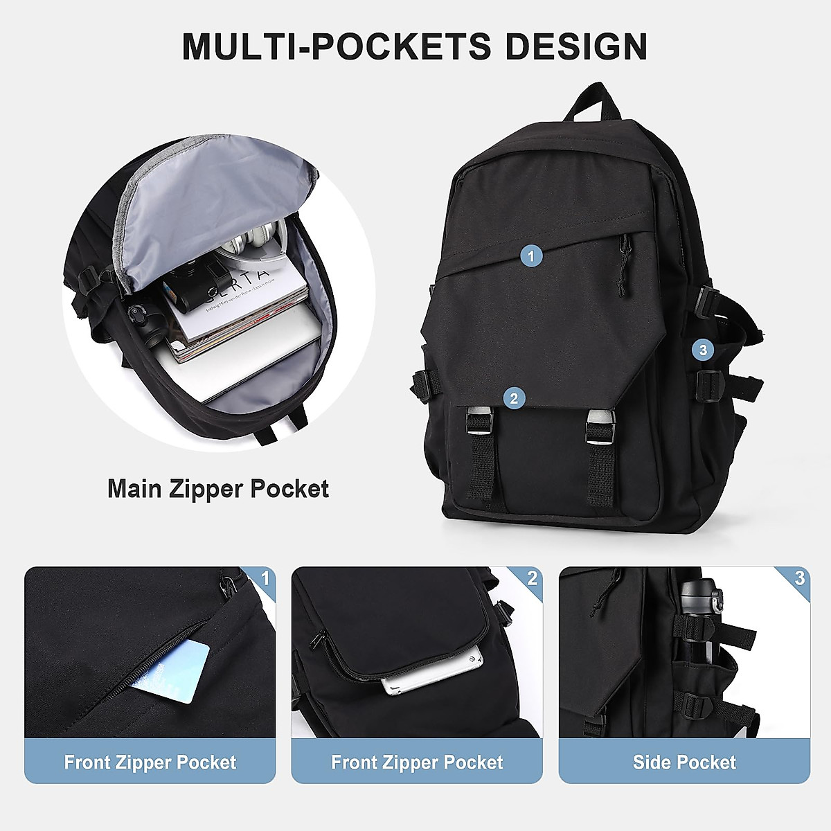 School Backpack Waterproof Black Bookbag College High School Bags For Boys Girls Lightweight Travel Rucksack Casual Daypack Laptop Backpacks For Men Women