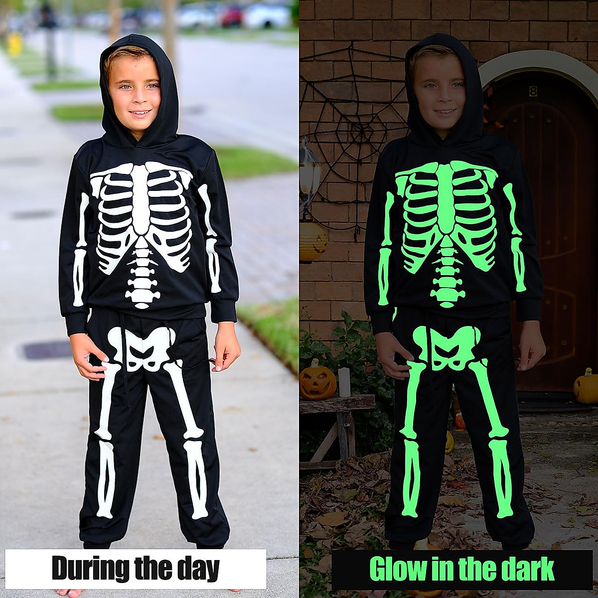 uideazone Halloween Glow in The Dark Pullover Pants Sets for Kids Boys 3d Graphic White Skeleton Bones Hoodie Outfit Two Piece Halloween Clothes Size 7-8