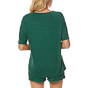LOCUBE Women's Pajama Sets Soft Comfy Short Sleeve Lounge Outfits Pj Set Shorts with Pockets (Green 2, Medium)
