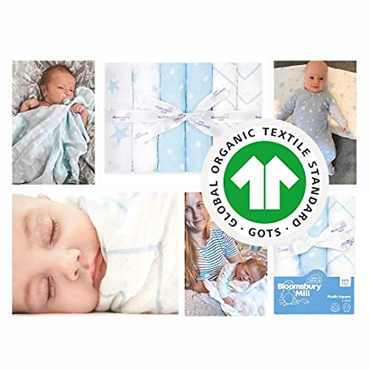 Bloomsbury Mill - Pack of 6 Super Soft Muslin Receiving Blankets - 100% Certified Organic Cotton in Gifting Ribbon Stars, Chevrons & Polka Dots Designs - Blue & White - 28" x 28"