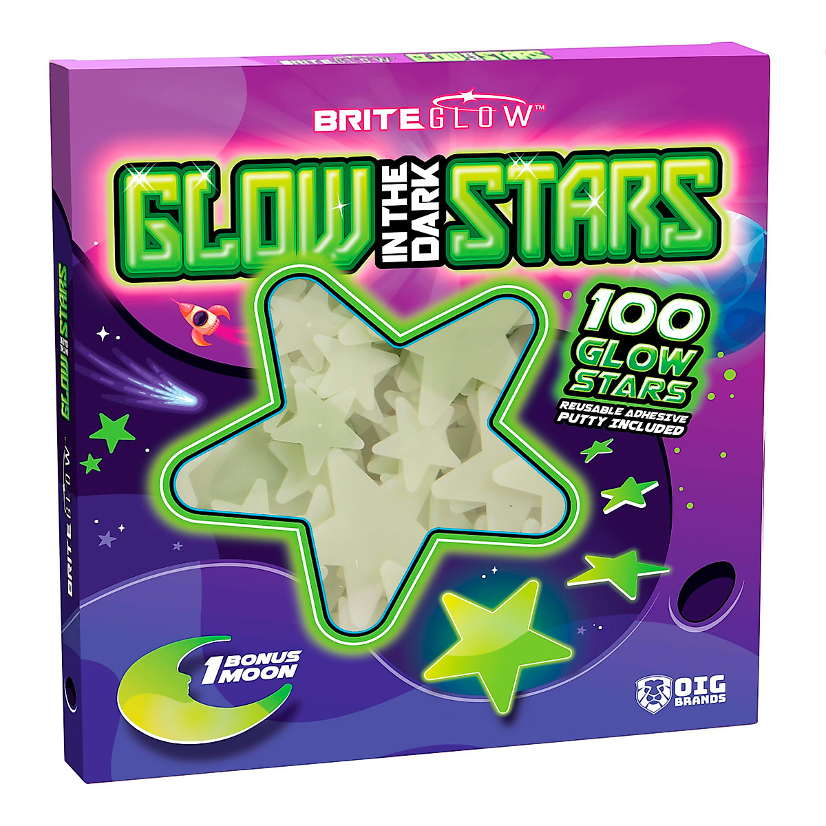 OIG Brands Glow in The Dark Stars and Planets 100-Piece (Green) 3D Glow in Dark Stars for Ceiling Decor with Constellation Map - includes Reusable Putty