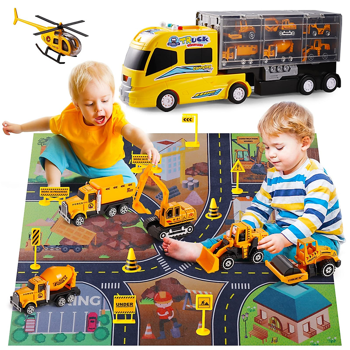 Construction Truck Toys Kids with Game Mat, Carrier Truck Alloy Engineering Vehicle Truck Toy Set, Excavator, Dump Tractor Helicopter Die cast Christmas Birthday Gifts for Kid Toddler Child Age 3 4 5