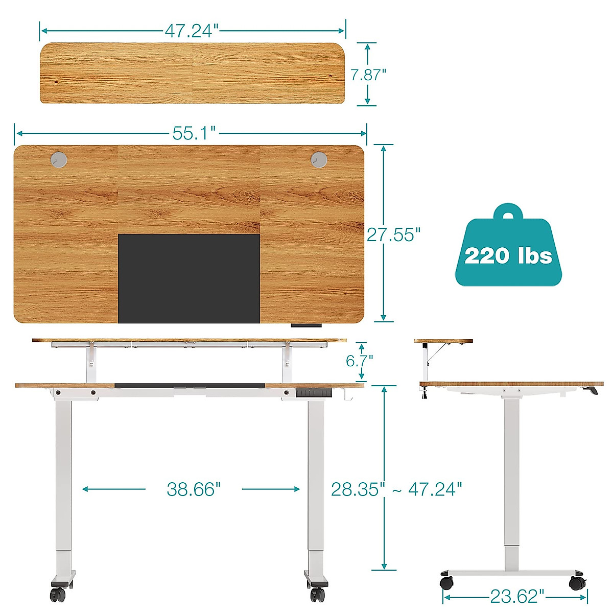 WOKA 55 x 28 Inch Dual Motor Electric Standing Desk, 2-Tier Height Adjustable Stand up Desk, Sit Stand Desk with Memory Controller, Adjustable Desks for Home Office, Motorized Desk with Splice Board