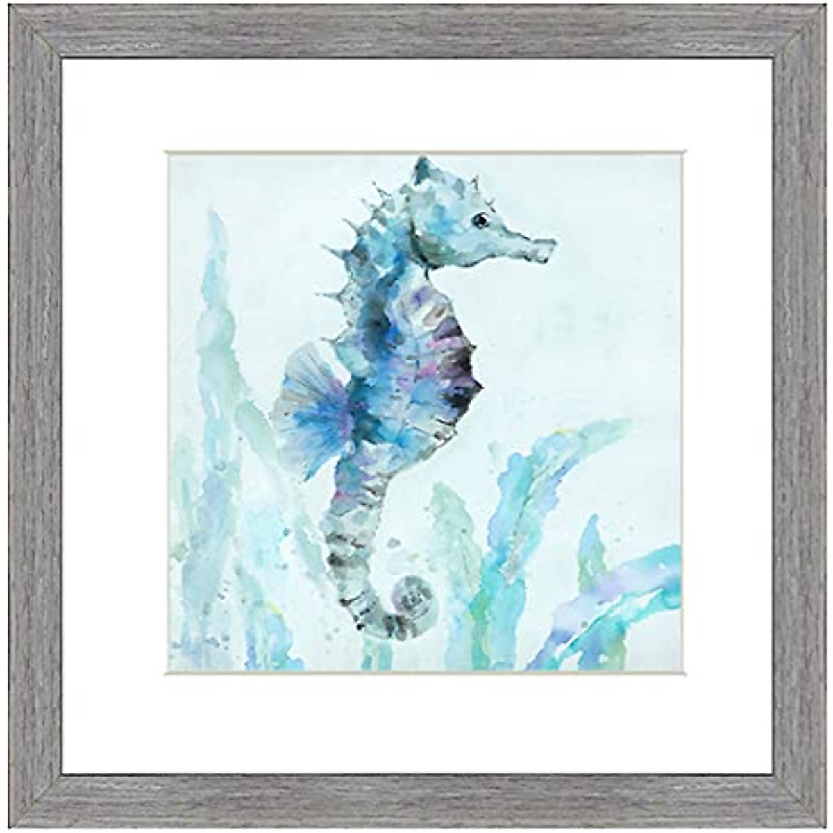 Seahorse & Sea Turtle 12"x12" Coastal Nautical Wallart Picture Frame Print Painting | Set of 2 | Wall Art Ocean Beach Theme | Plexiglass | Matted Cavas Art Print | Bathroom Living Room Decoration