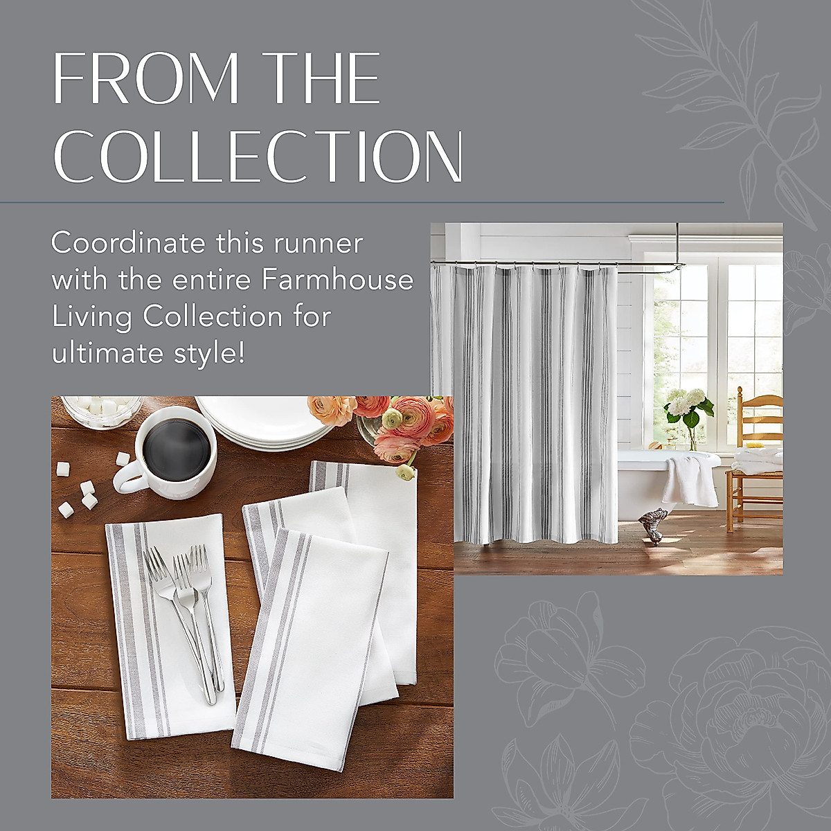 Elrene Home Fashions Living Homestead Stripe Table Runner, Farmhouse Kitchen Decor for Holiday or Everyday Use, 13" x 70", Gray/White